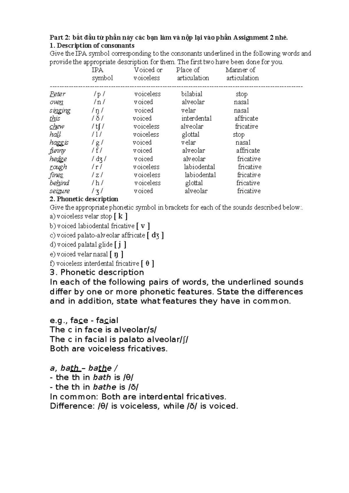 Phonetic Analysis and Consonant Descriptions for Assignment 2 - Studocu
