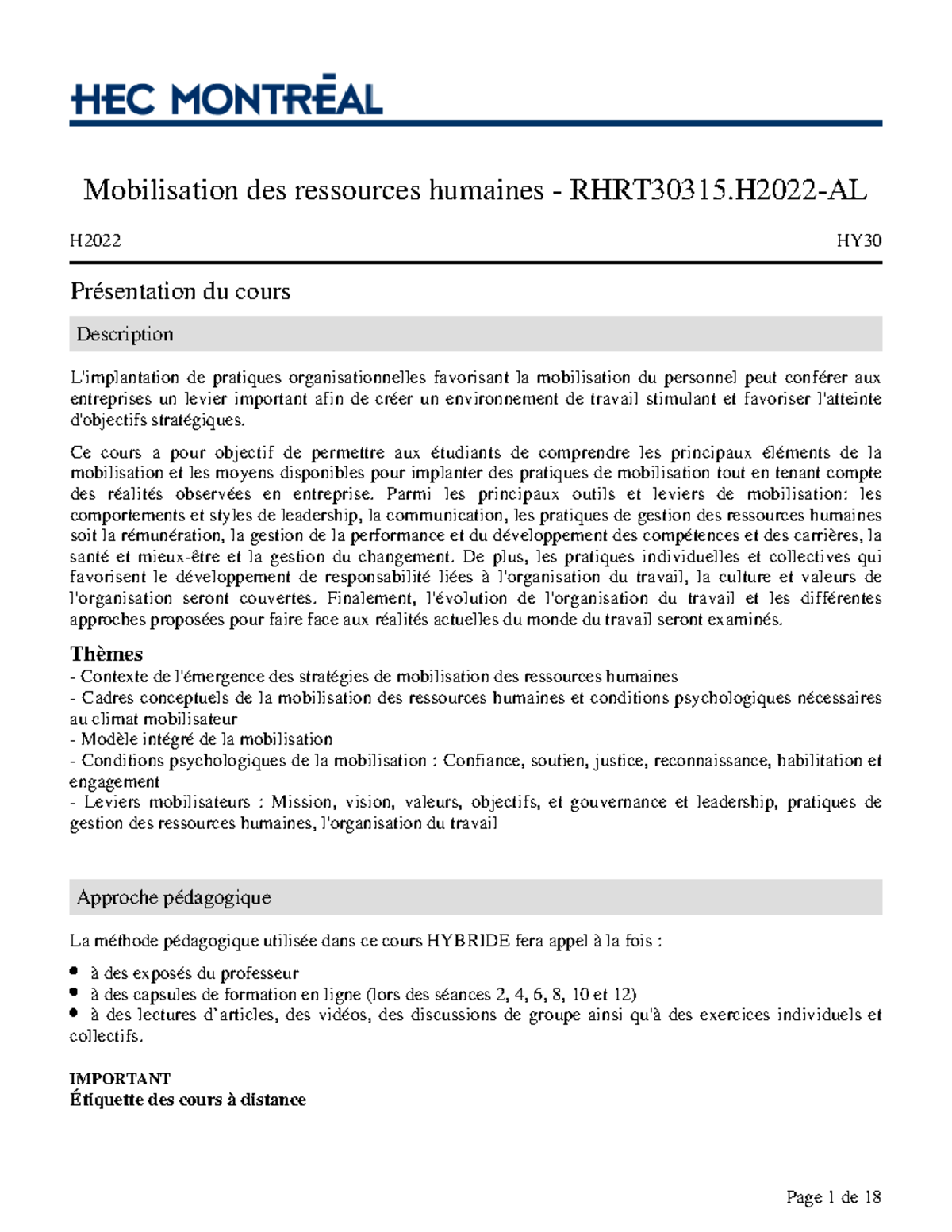 Mobilisation des Ressources Humaines H2022 HY30 : Présentation du Cours ...