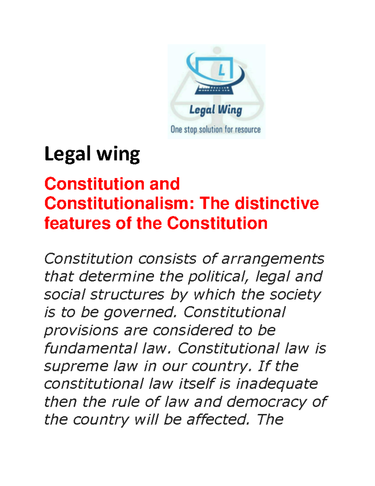 Constitution and Constitutionalism The distinctive features of the ...