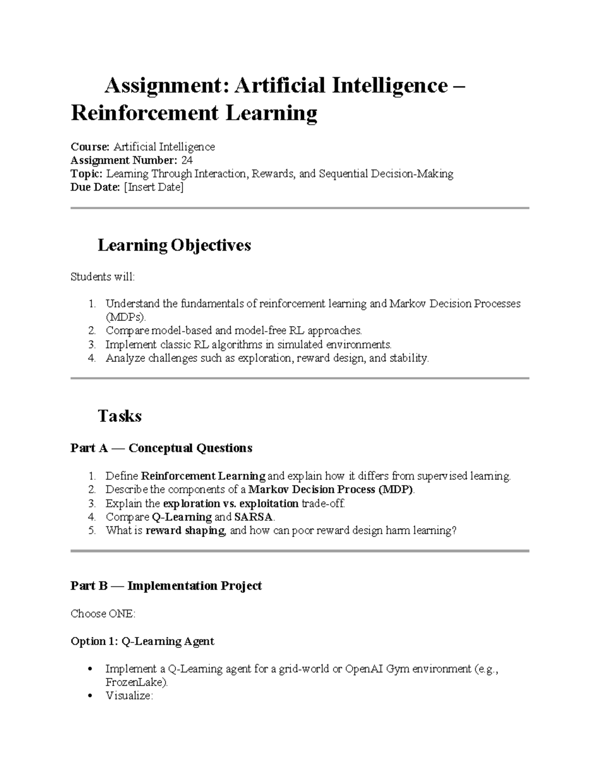 AI Assignment 24: Reinforcement Learning Concepts & Implementation ...