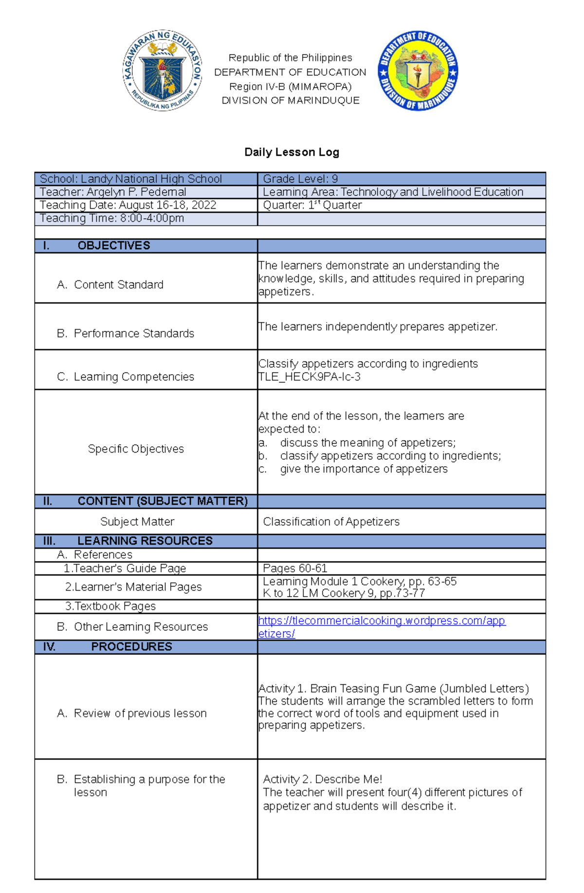 Daily Lesson Log - TLE Grade 9 on Appetizer Preparation - Studocu