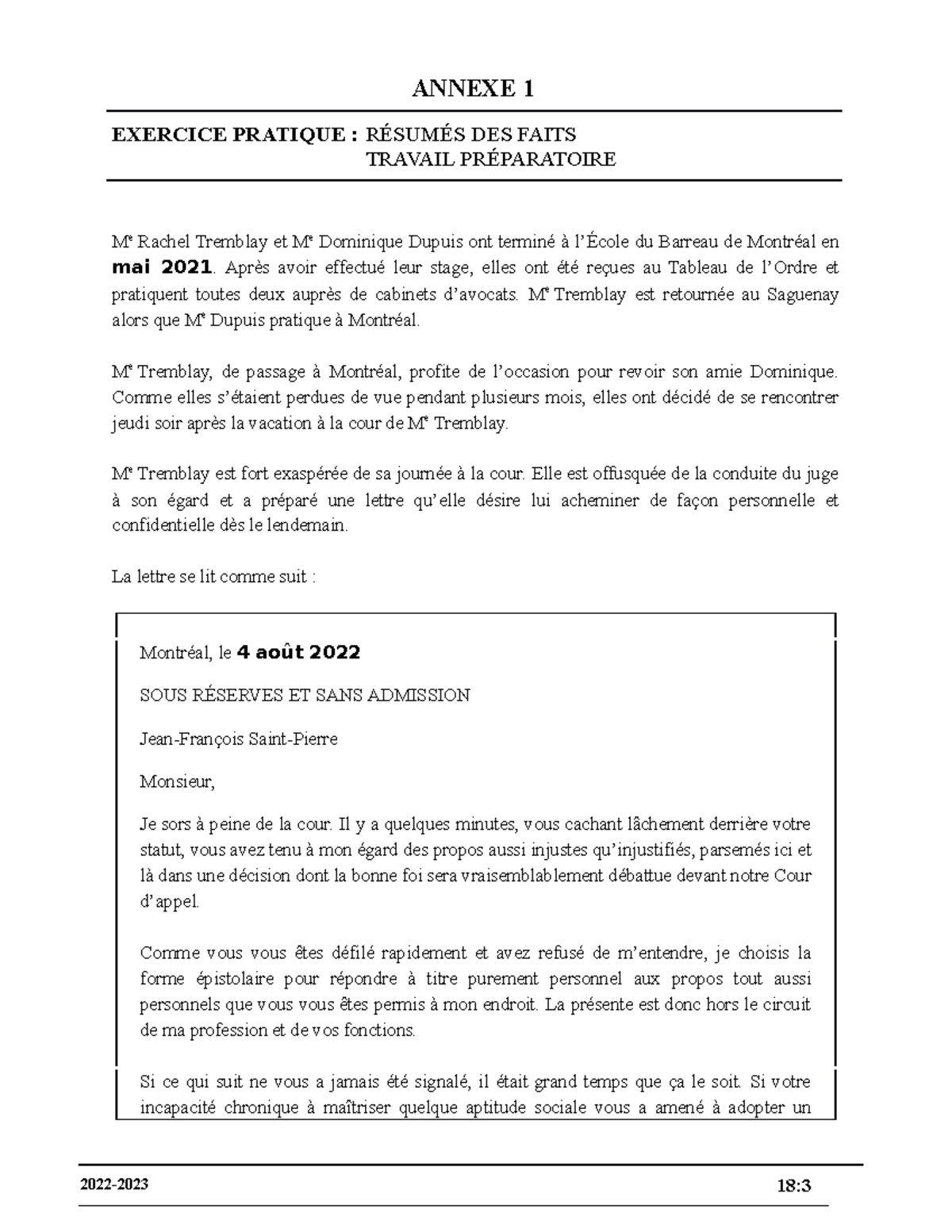 Annexe 1 - Exercice pratique - Résumé des faits - ANNEXE 1 EXERCICE ...