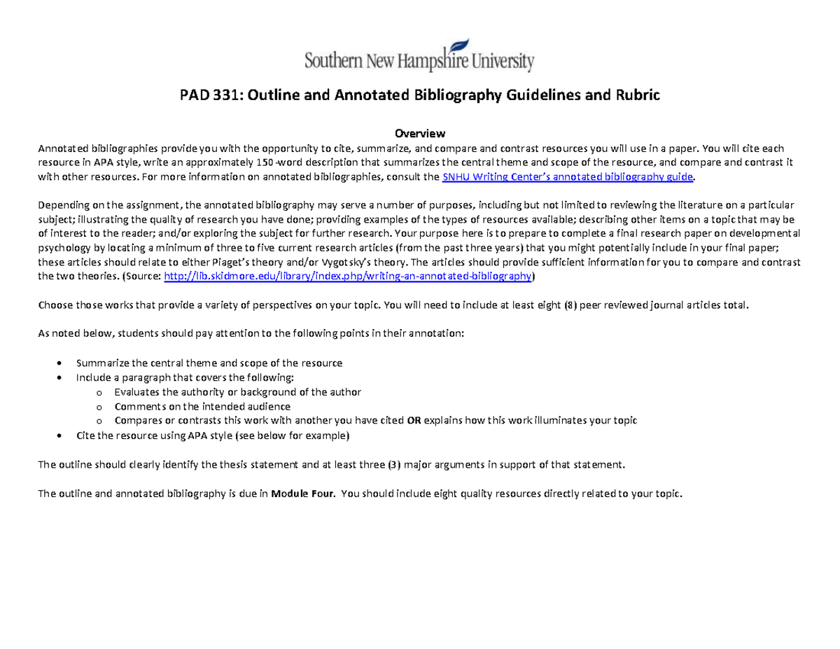 PAD 331 Outline and Annotated Bibliography Rubric - You will cite each ...