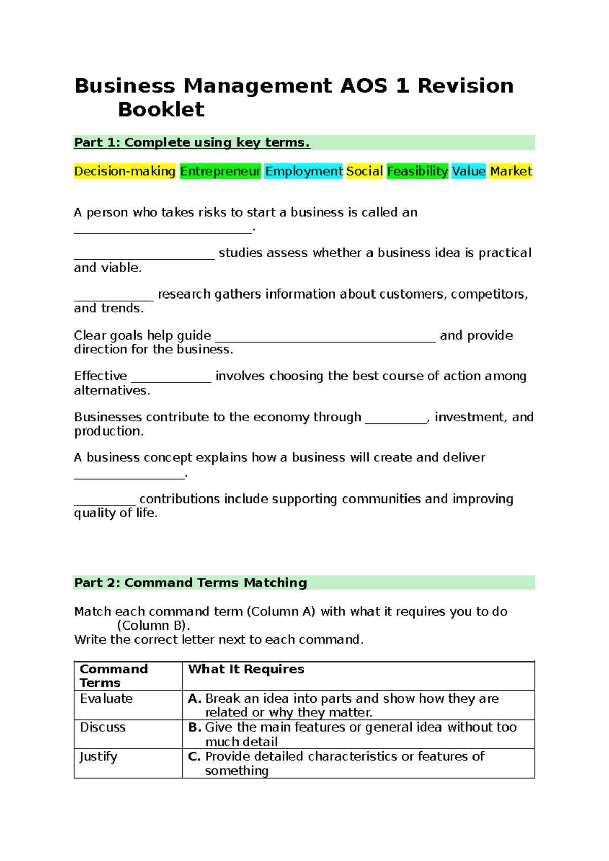 Week 5 Business Management AOS 1 Revision Guide: Key Concepts & Goals ...