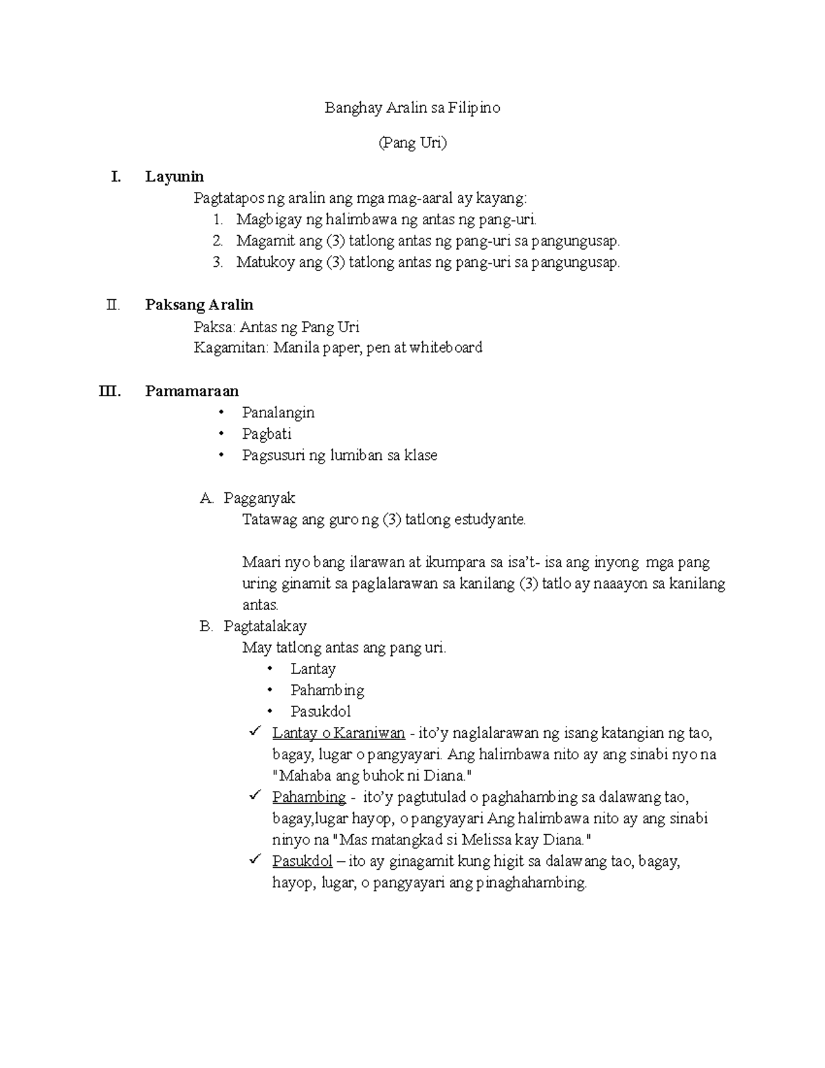 Banghay Aralin sa Filipino: Pag-aaral ng Antas ng Pang-uri - Studocu