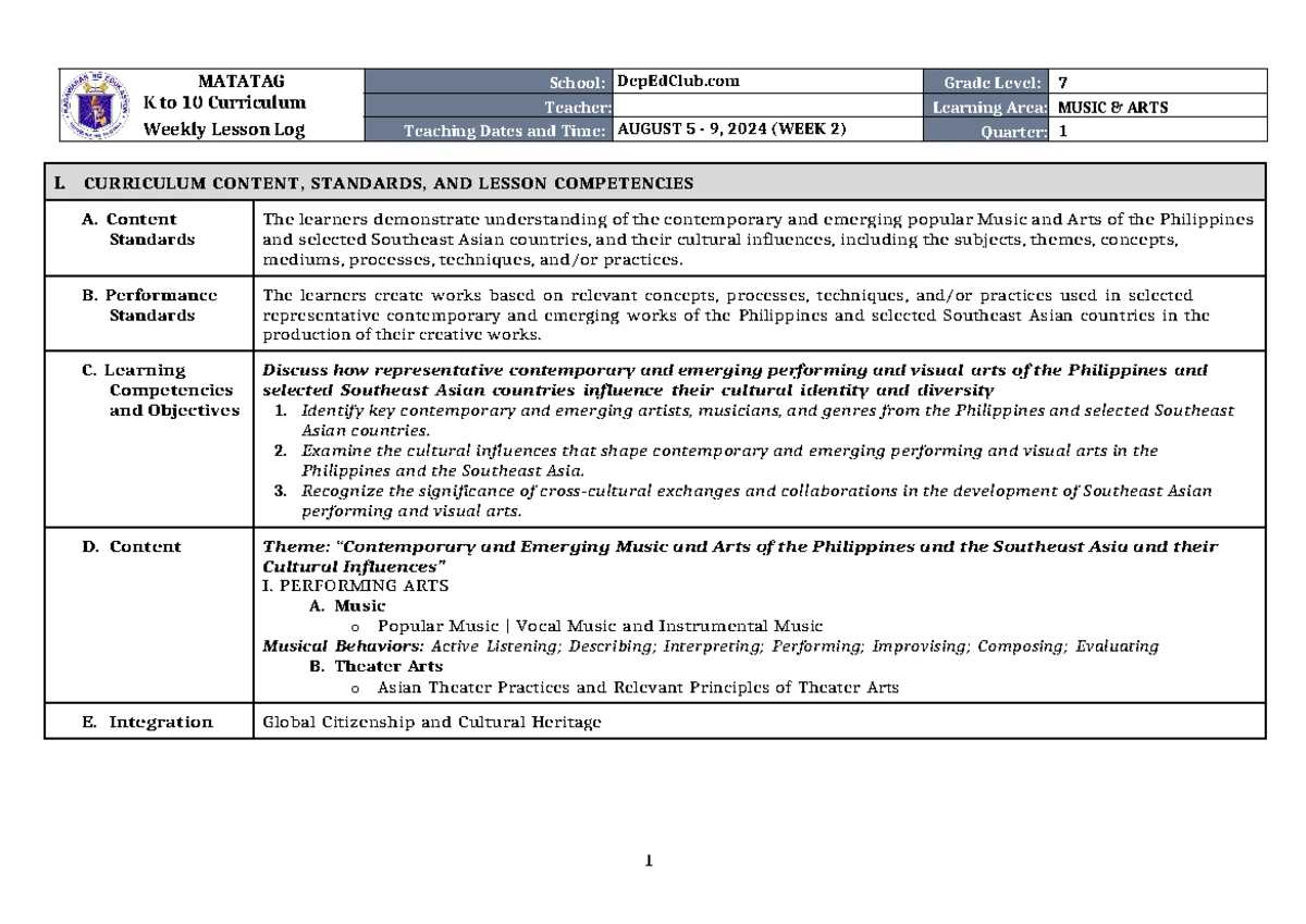 DLL Matatag PE & Health 7 Q1 W3 - I. CURRICULUM CONTENT, STANDARDS, AND ...