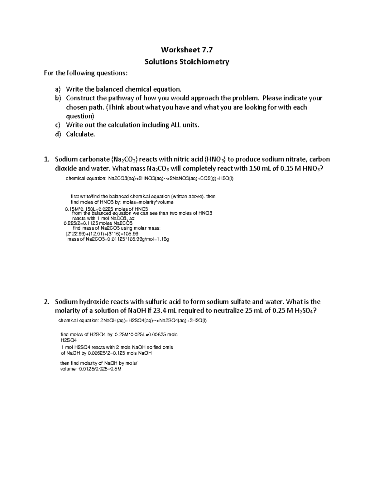 Chem 7.7 Solutions: Stoichiometry Worksheet with Calculations - Studocu