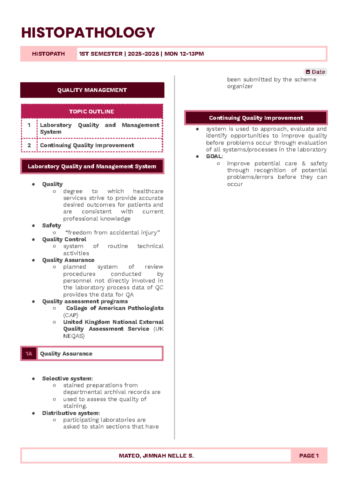 HISTOPATH 1ST SEMESTER: Quality Management Topic Outline - Studocu
