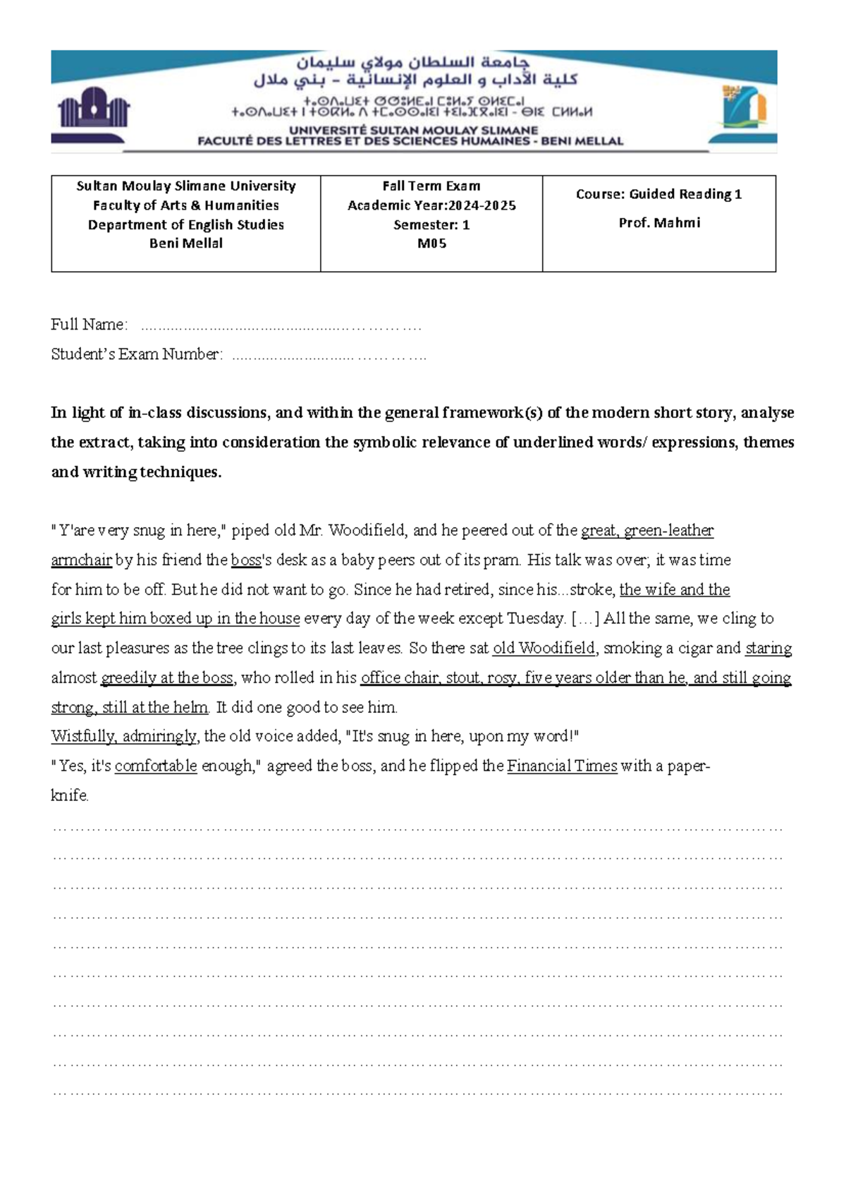 M05 Guided Reading 1 Fall Term Exam Analysis of Modern Short Story ...