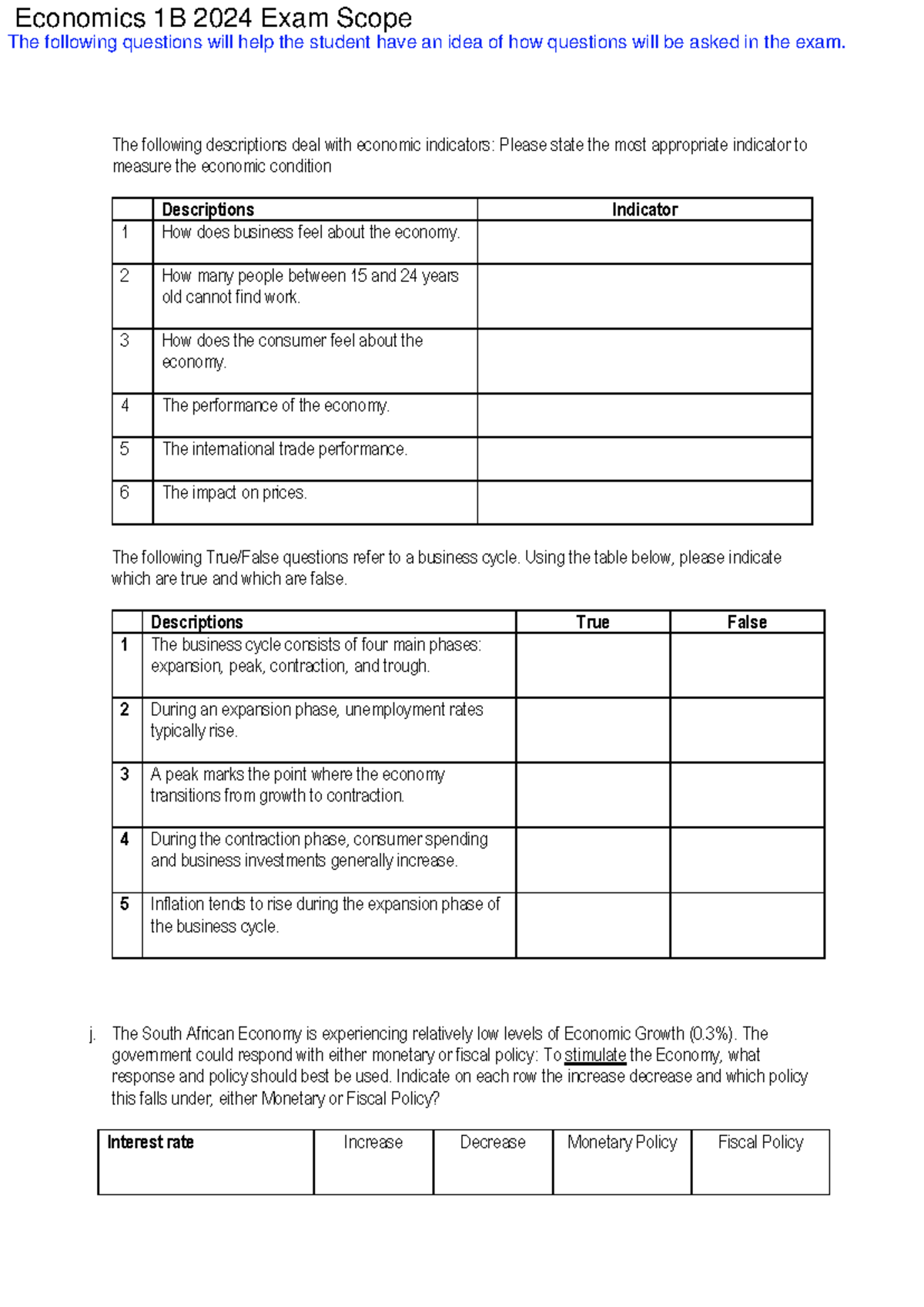 Economics 1B 2024 Final Exam Review: Key Concepts & Indicators - Studocu