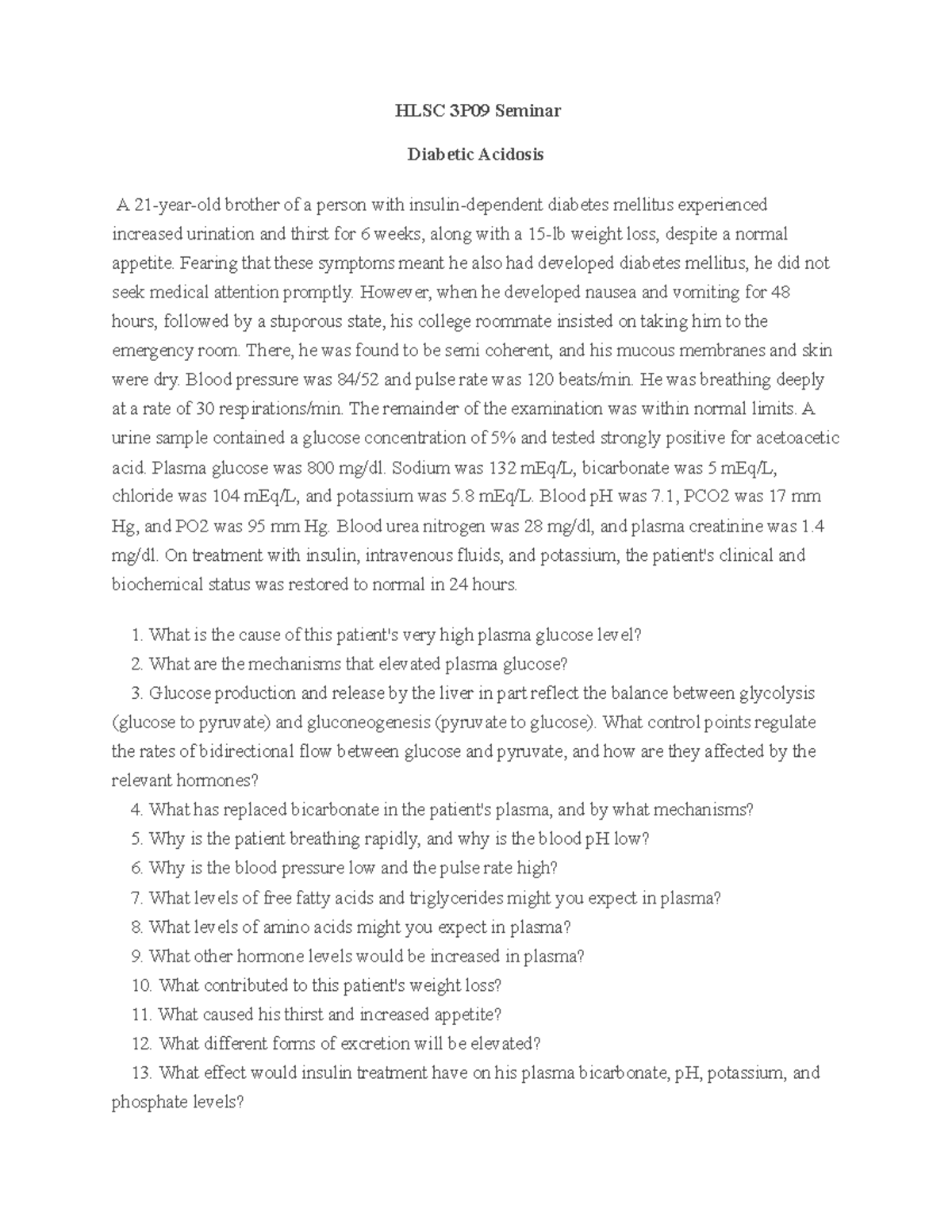 HLSC 3P09 Seminar 5: Understanding Diabetic Acidosis & Key Answers ...