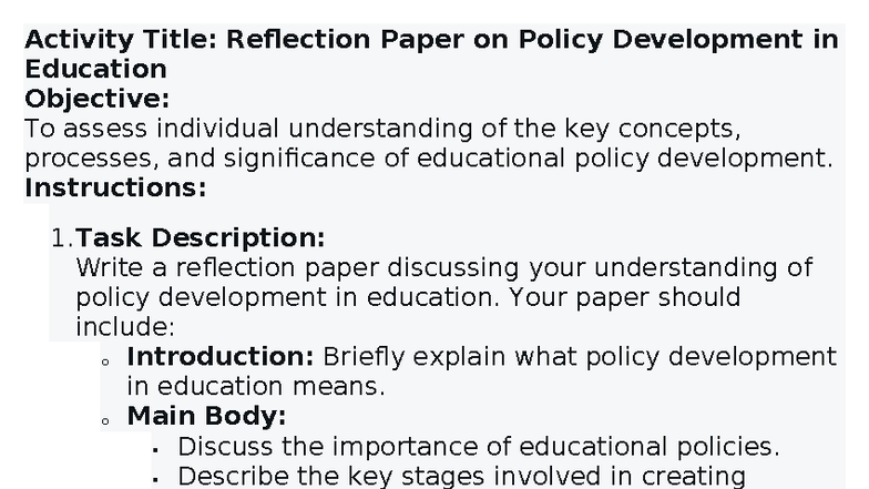 Reflection Paper on Policy Development in Education - Activity Policy ...