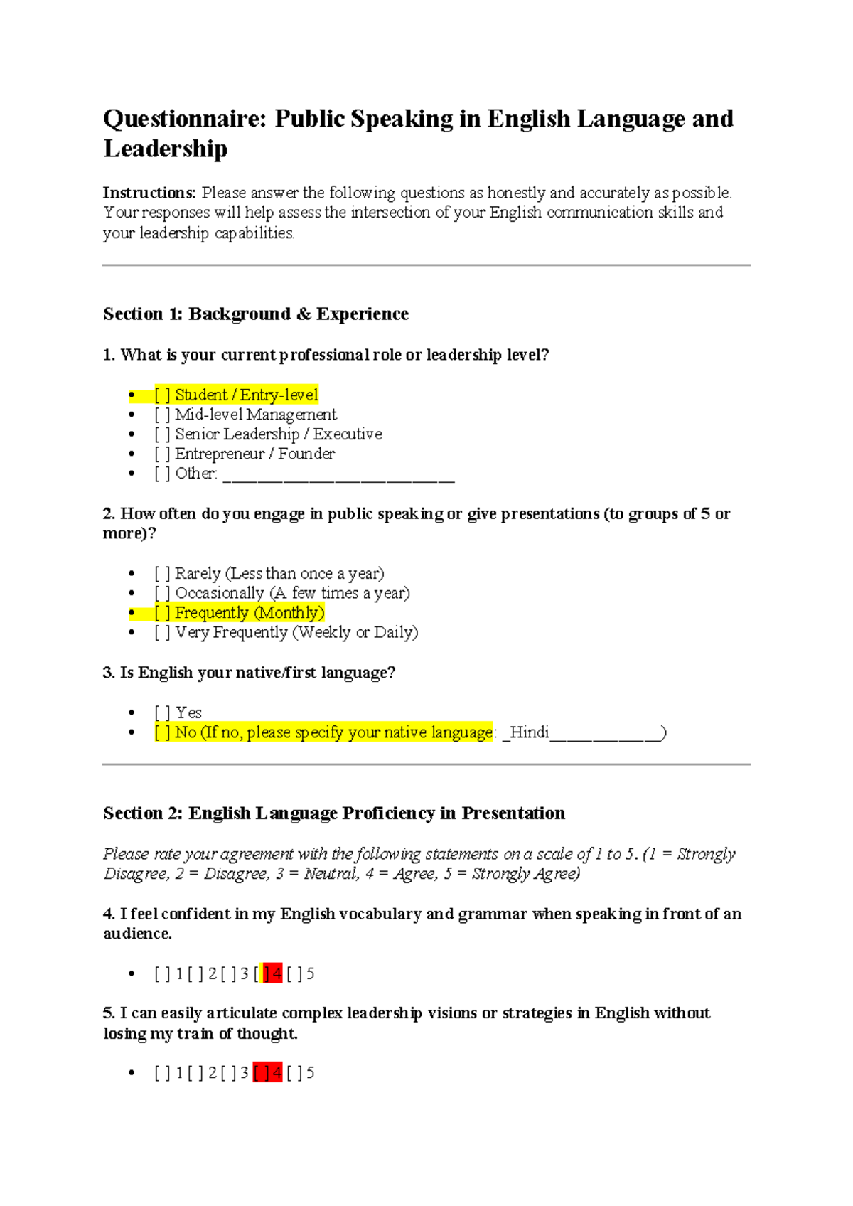 SEC Assignment: Questionnaire on Public Speaking & Leadership Skills ...