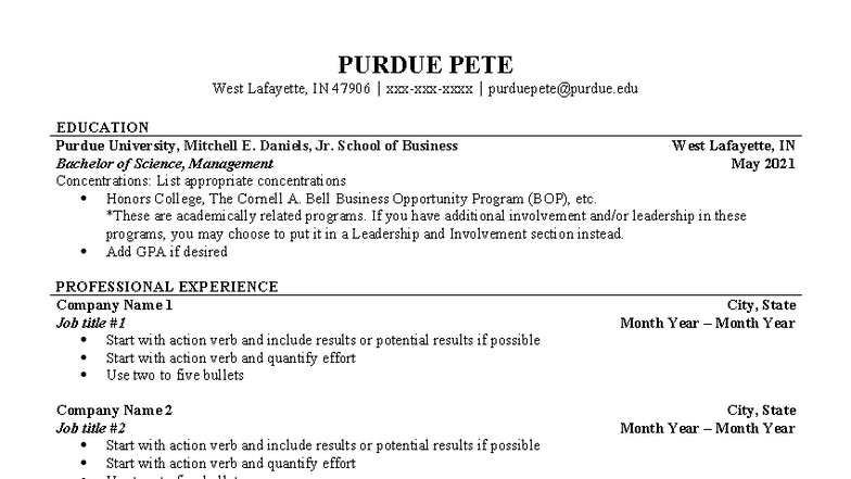 Resume Template for Undergrad - Purdue University B.S. Management - Studocu