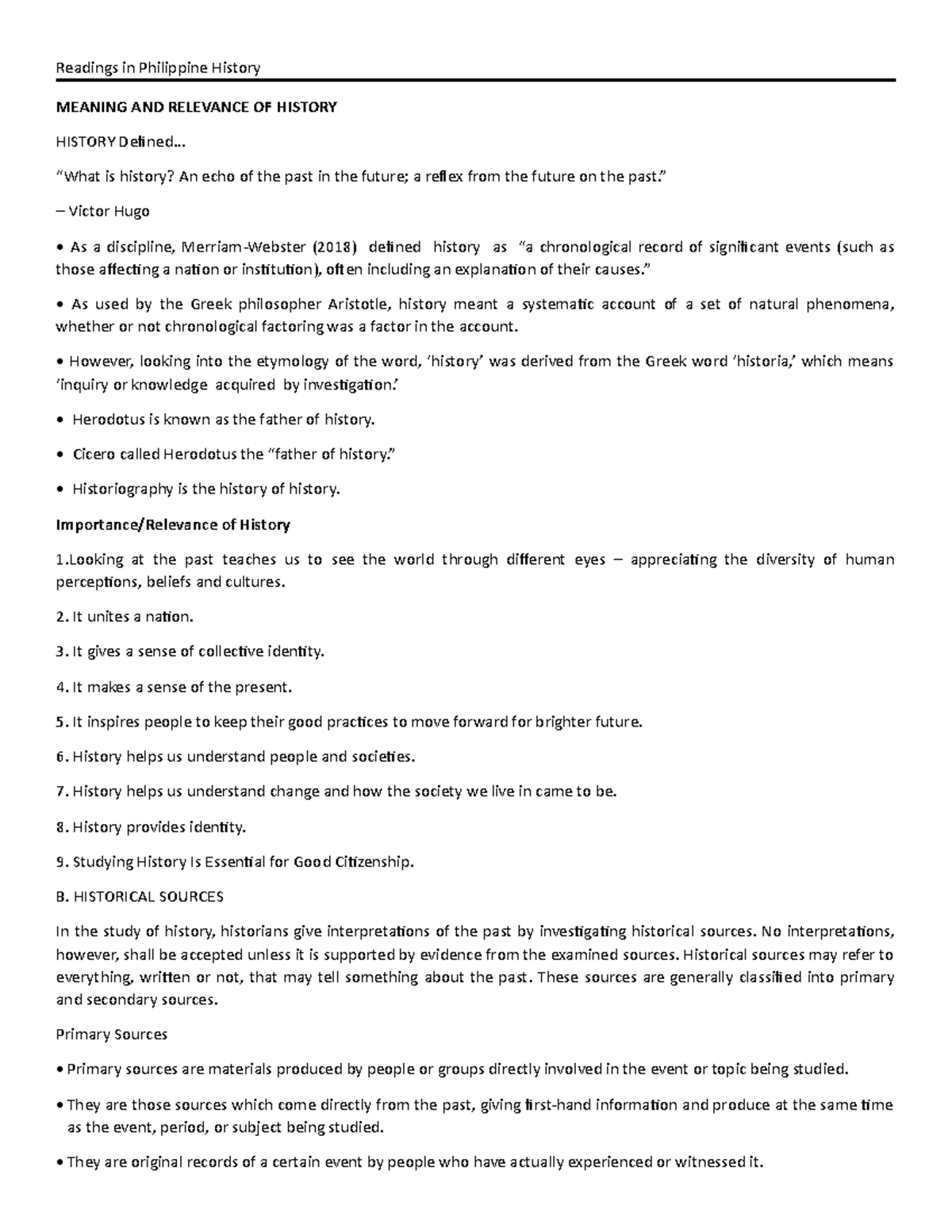 PHILHIST 101: Readings on the Meaning and Relevance of History - Studocu