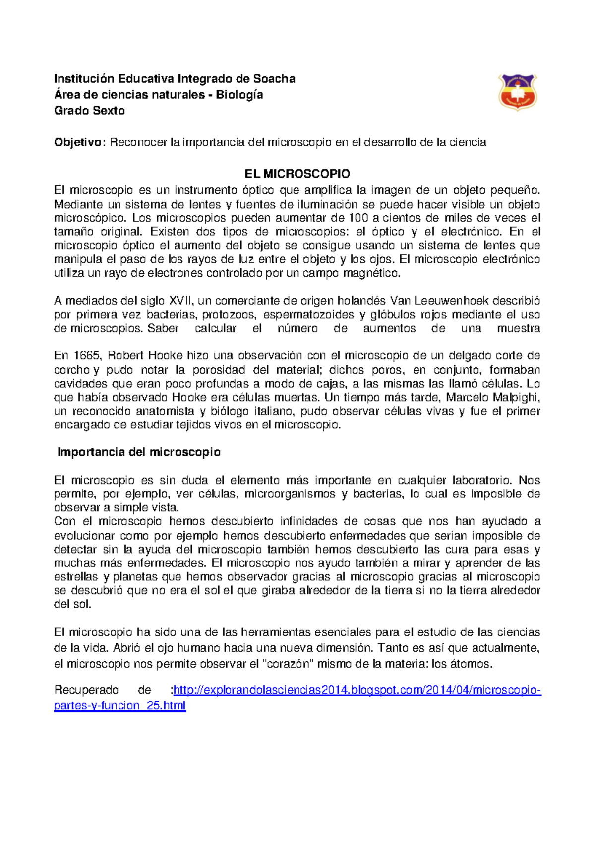 Taller microscopio sexto - Institución Educativa Integrado de Soacha ...