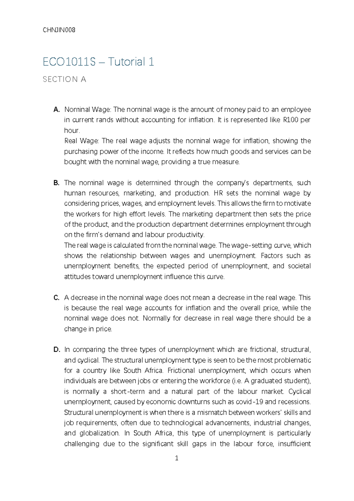 ECO1011S Tutorial 1: Nominal vs Real Wages and Unemployment Analysis ...
