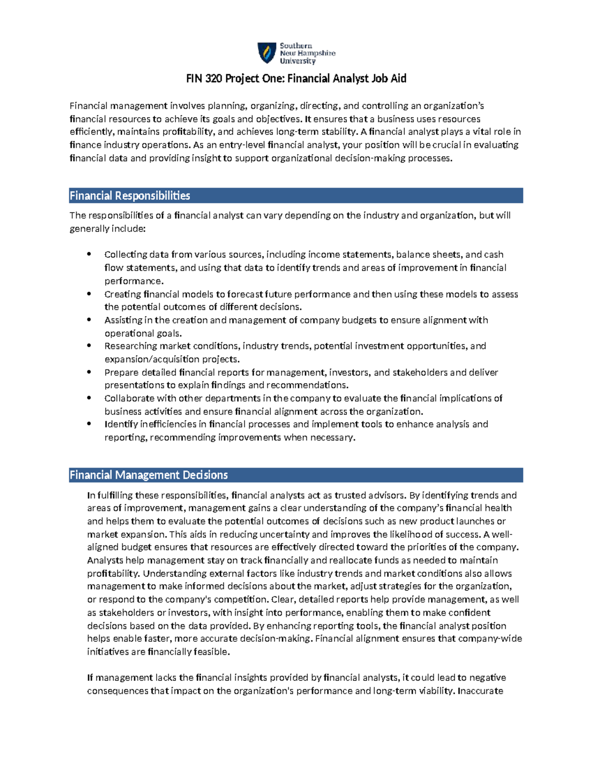 FIN 320 Project One Financial Analyst Job Aid - It ensures that a ...