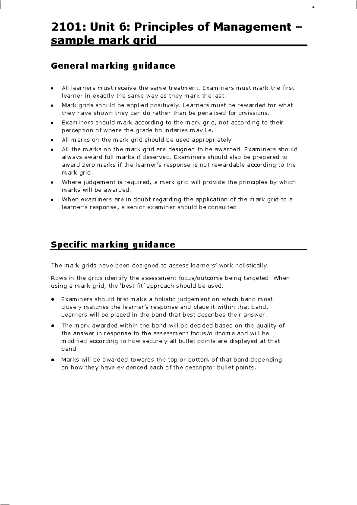 2101: Unit 6 Principles of Management - Sample Mark Grid and Guidance ...