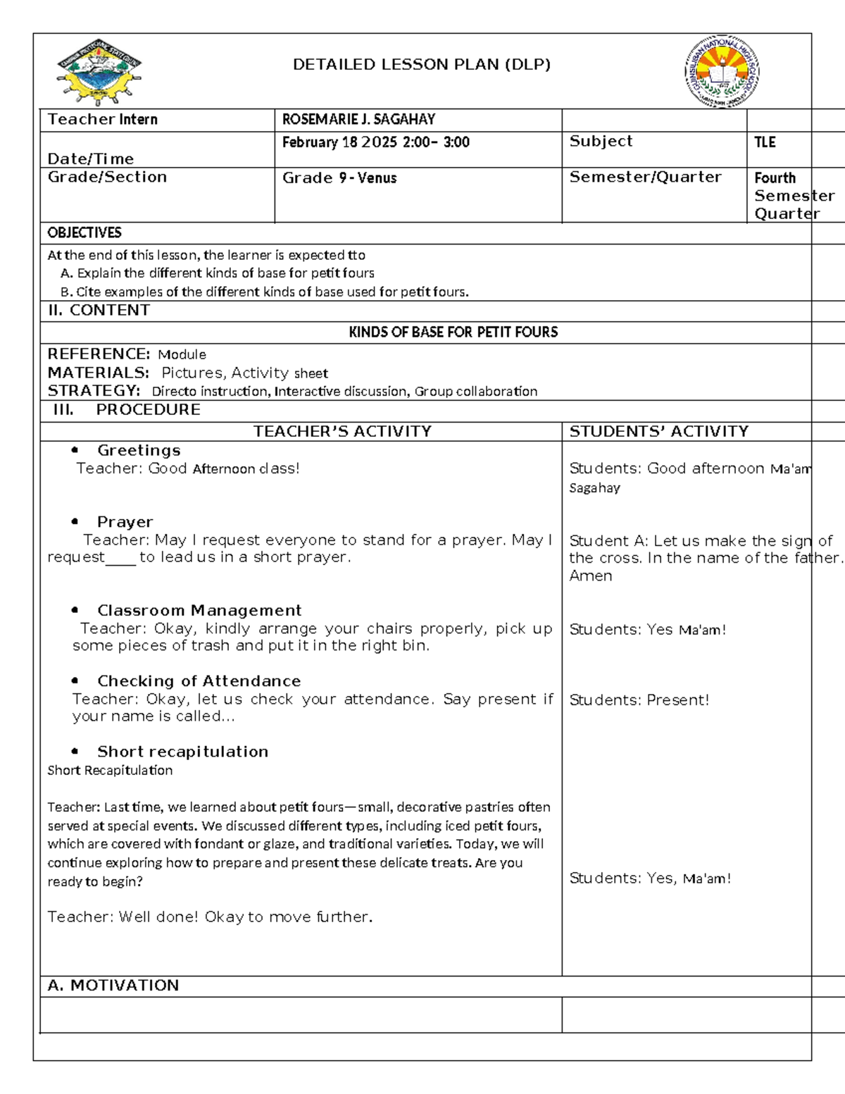 Detailed Lesson Plan/ Petit fours - DETAILED LESSON PLAN (DLP) Teacher ...