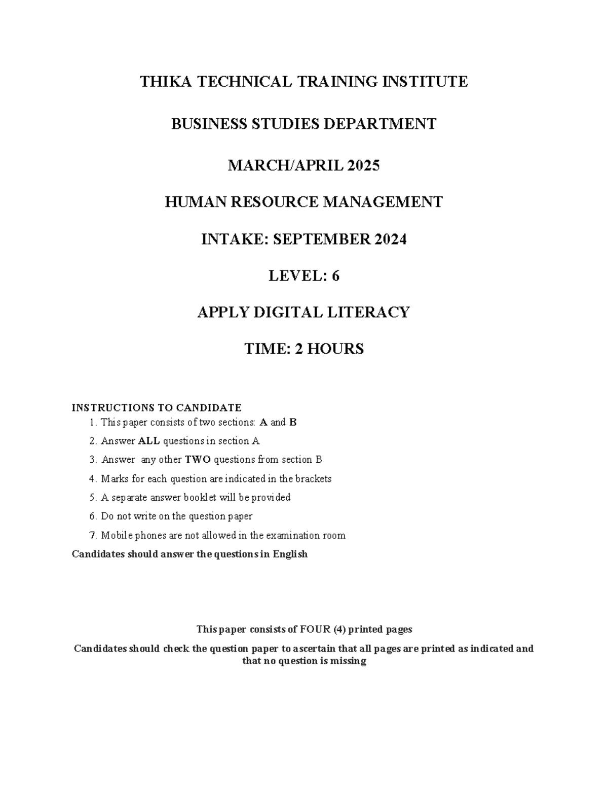 HRM 2025 Level 6 Digital Literacy Exam Paper: September 2024 - Studocu