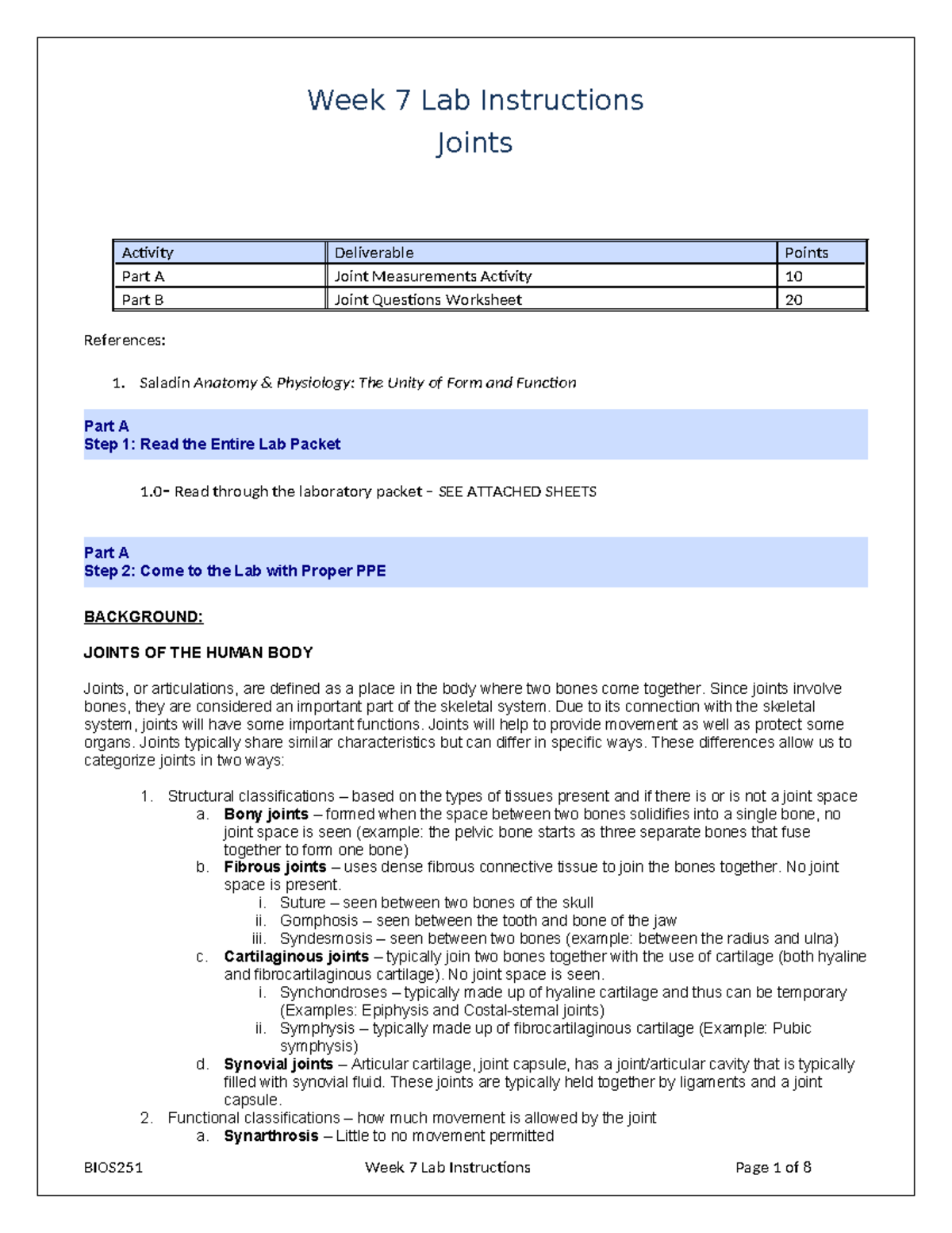 BIOS251 W7 Lab: Joints Measurement & Classification Guide - Studocu