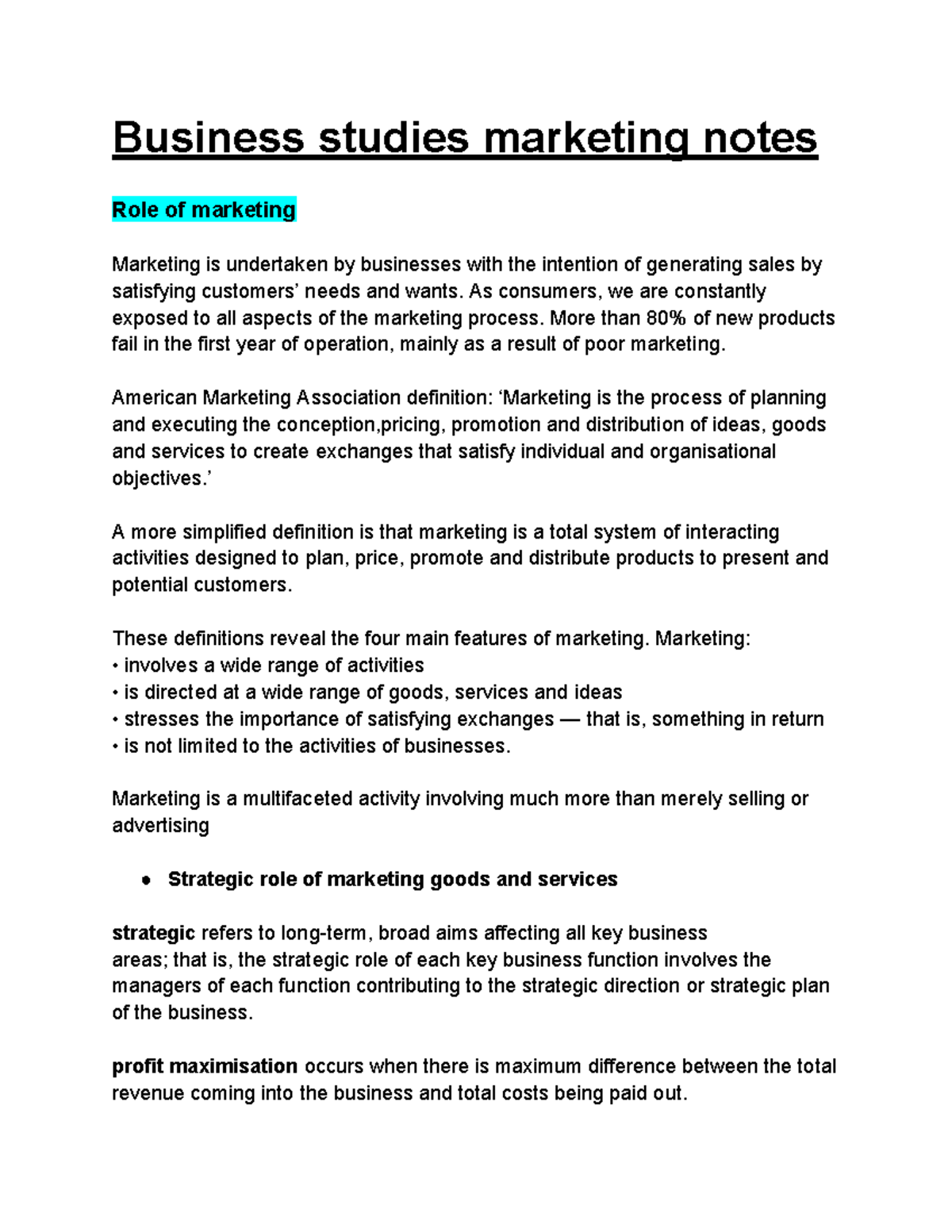Business Studies Marketing Notes: Role & Strategies in Marketing - Studocu