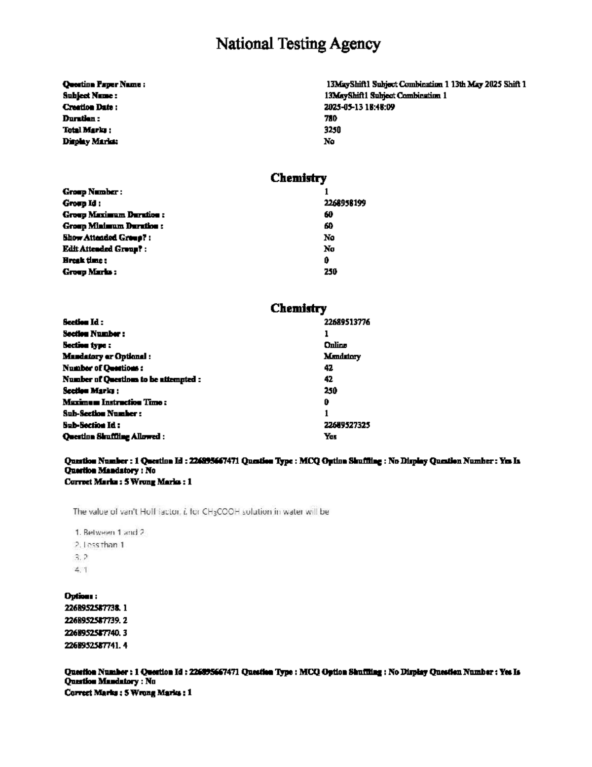 National Testing Agency Question Paper: Chemistry MCQs - 13 May 2025 ...