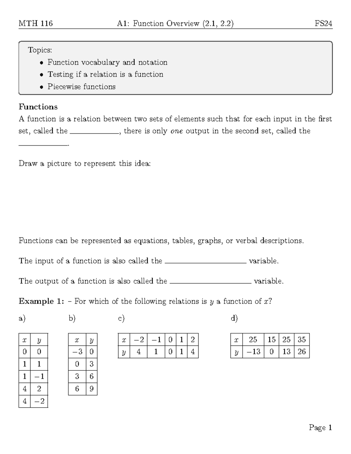 MTH 116 A1: Functions & Piecewise Functions Overview (2.1, 2.2) FS24 - Studocu