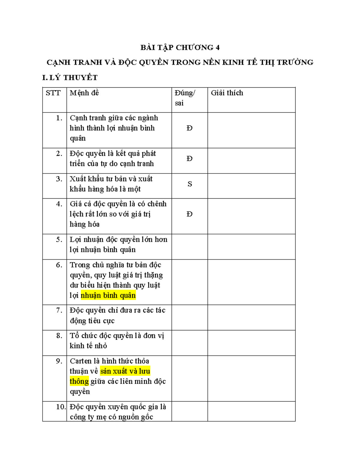 Bài tập chương 4 - bbggg - BÀI TẬP CHƯƠNG 4 CẠNH TRANH VÀ ĐỘC QUYỀN ...