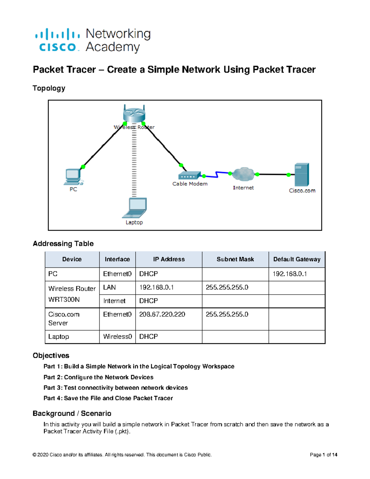 1.1.2.5 Packet Tracer - Create a Simple Network Using Packet Tracer - Packet Tracer – Create a ...