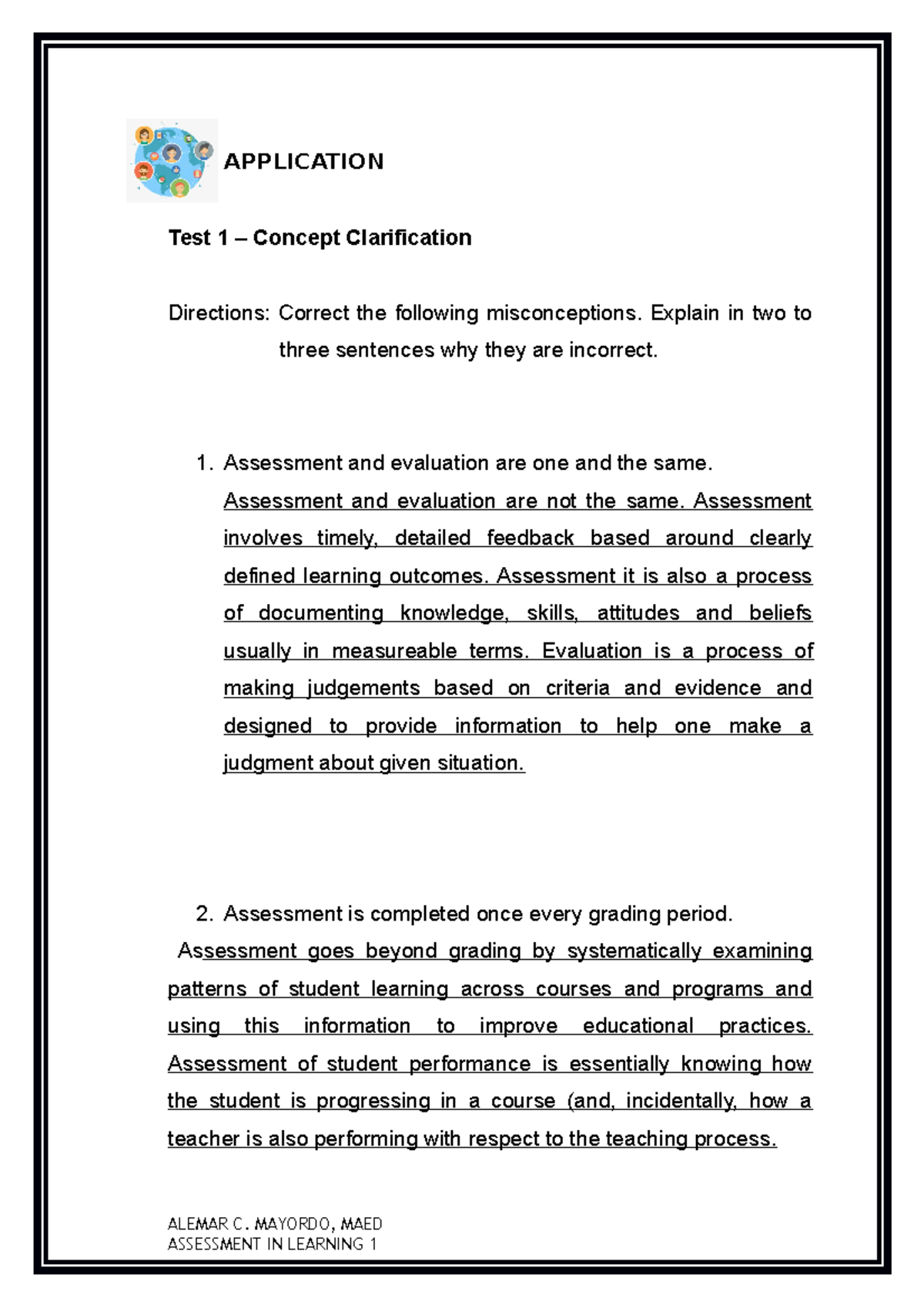 ED 108 Module 1 Task 1: Concept Clarification on Assessment ...