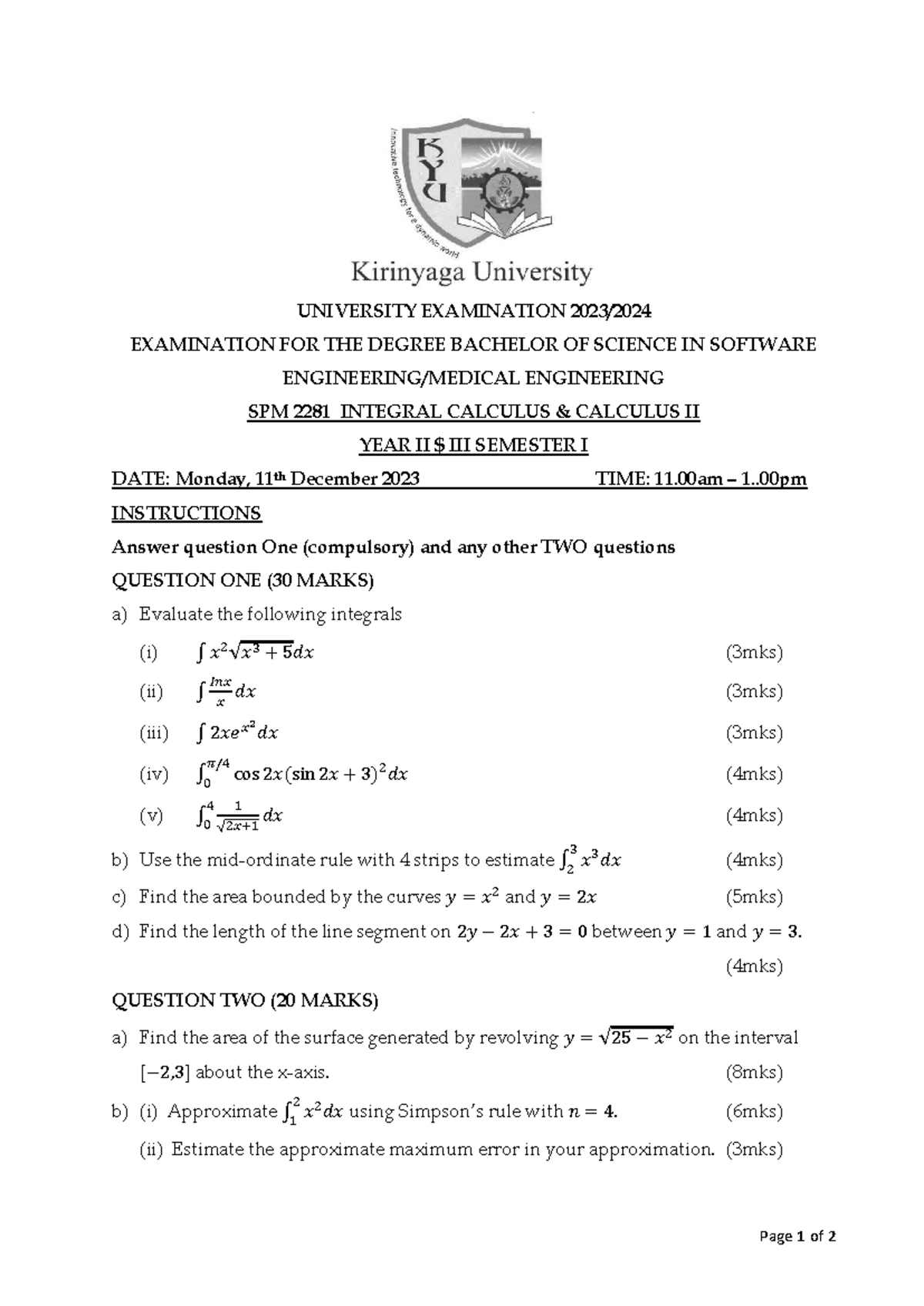 SPM 2281 Integral Calculus & Calculus II Exam Questions - Studocu