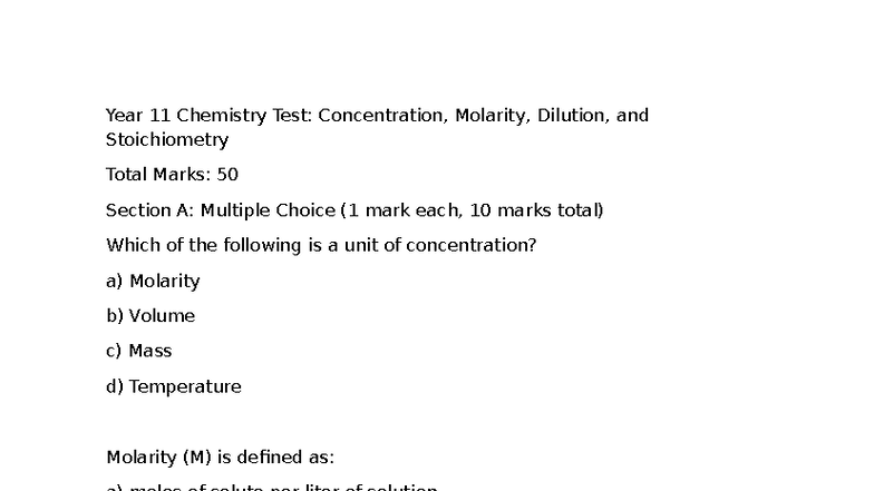 Year 11 Chemistry Test: Concentration, Molarity & Stoichiometry - Studocu
