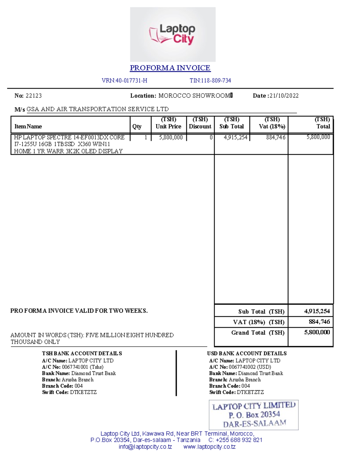 GSA & AIR Transportation Ltd Proforma Invoice for HP Spectre 21-10-2022 ...