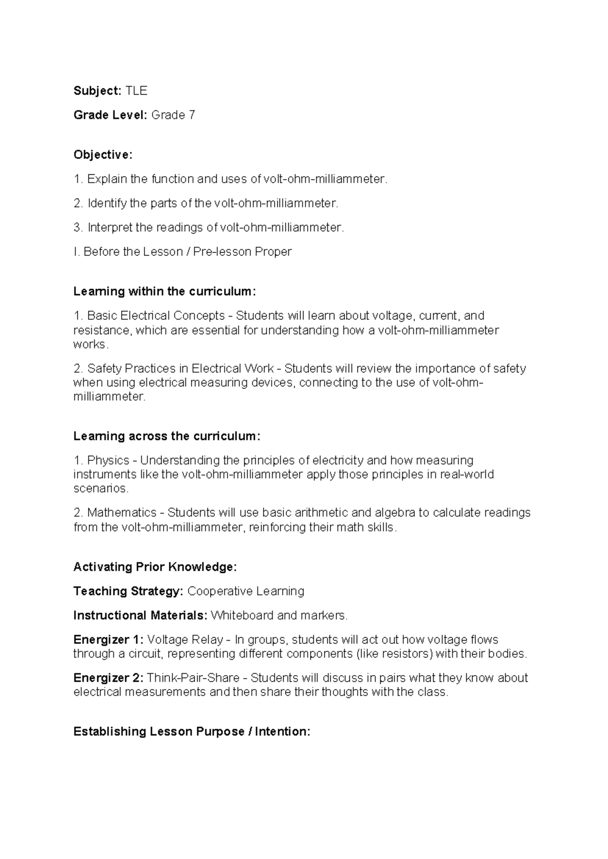 TLE Grade 7 Lesson Plan: Understanding Electrical Measurements - Studocu