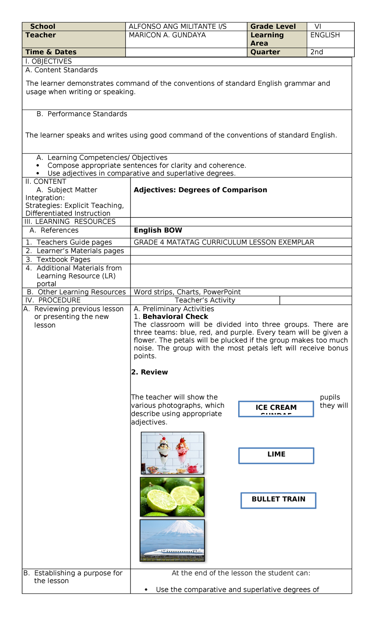 ENGLISH 4 Lesson Plan: Understanding Adjectives & Their Degrees - Studocu