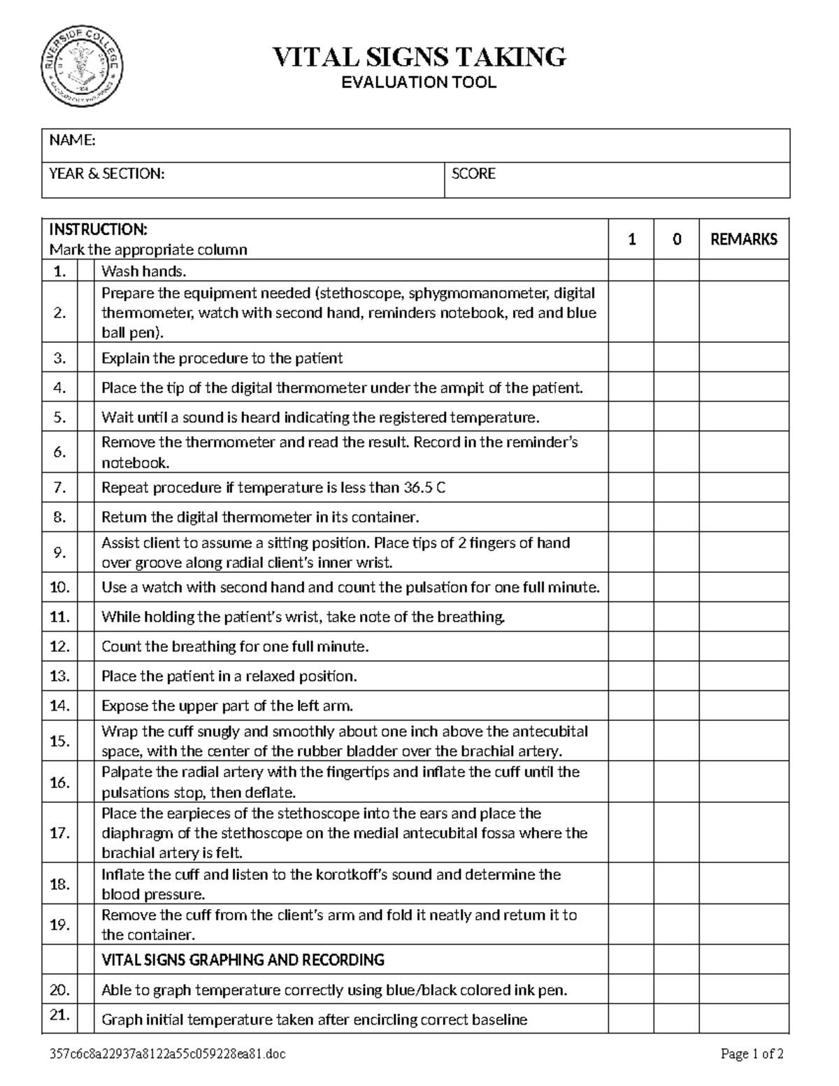 Vital Signs Taking Evaluation Tool: Scoring & Instructions - Studocu