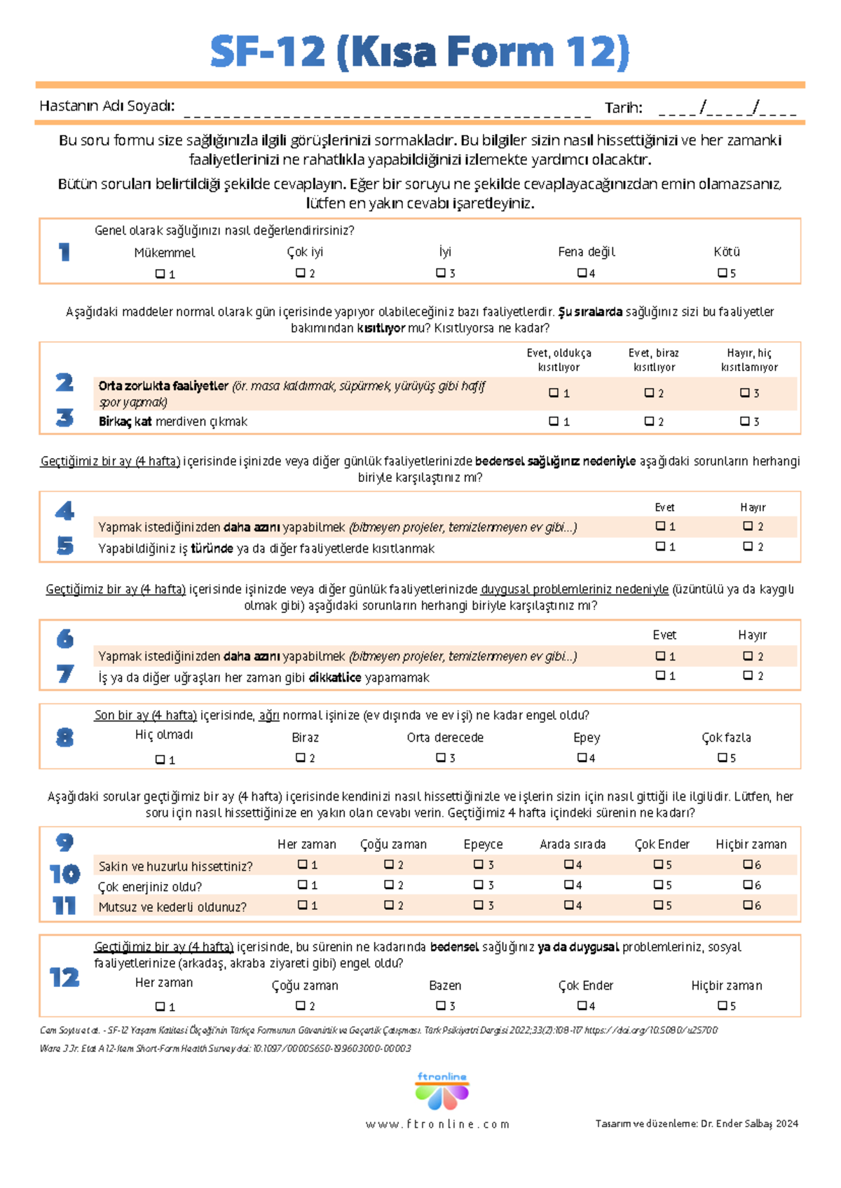 SF-12 Yaşam Kalitesi Ölçeği - Güvenirlik ve Geçerlik Çalışması - Studocu