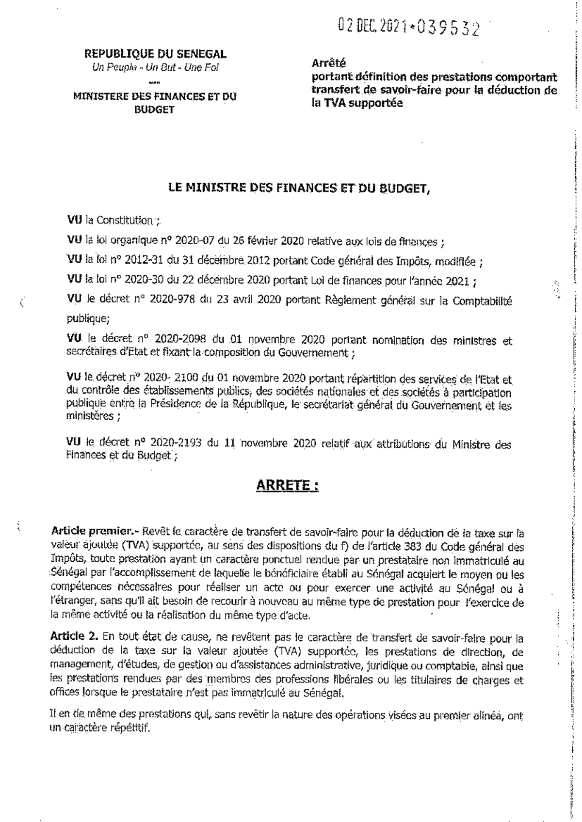 Arrêté N°039532: Définition des Prestations pour TVA - 02 Déc 2021 ...