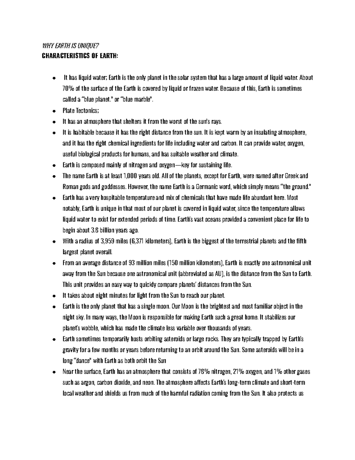 Characteristics of Earth: Unique Features & Significance - Studocu