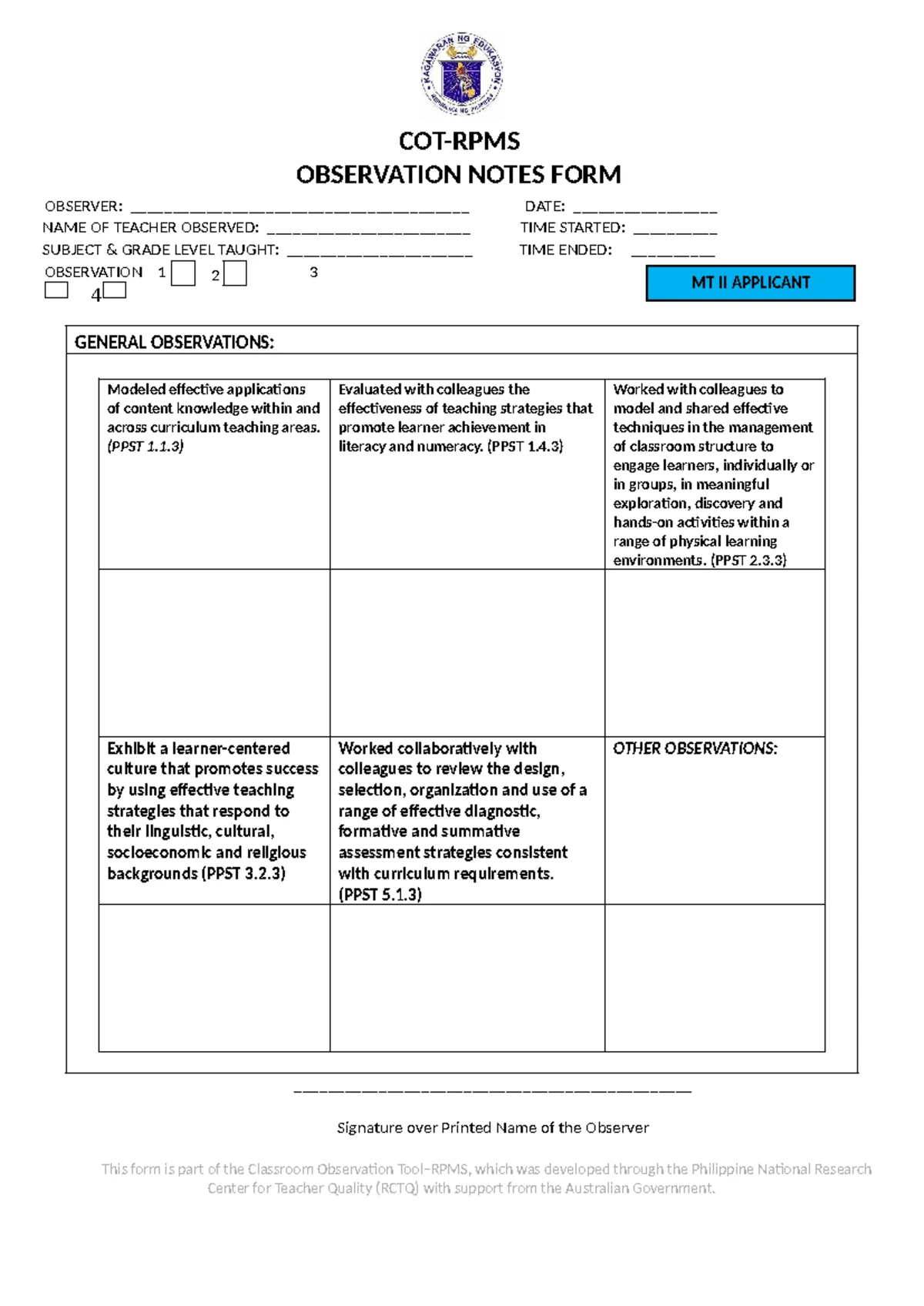 Observation Notes Form for Teacher 1 Applicant (PPST) - Studocu