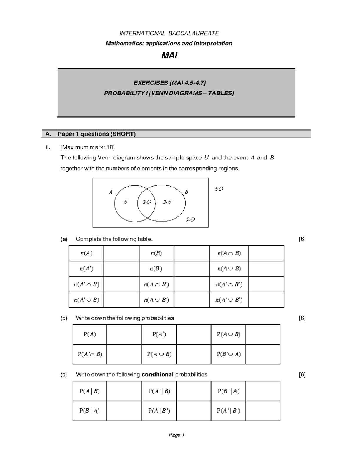 [MAI 4.5-4.7] Probability I Exercises: Venn Diagrams & Tables - Studocu