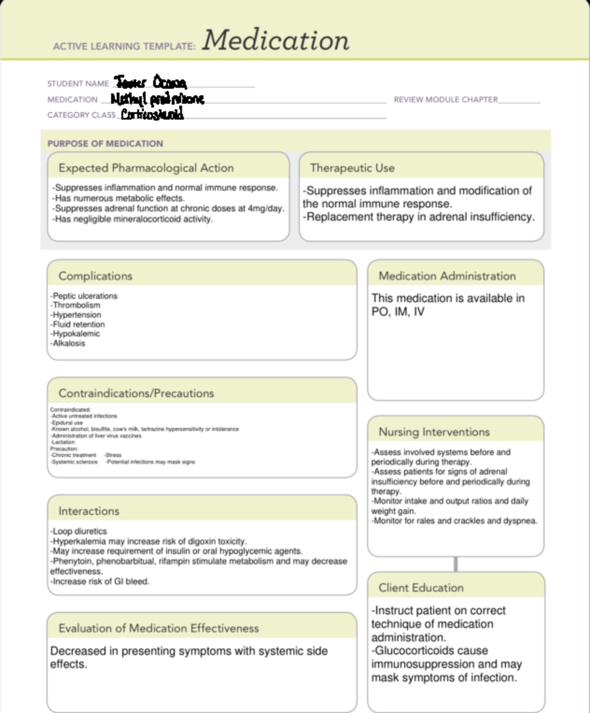 ACTIVE LEARNING TEMPLATE: Medication - Methyl Prednisone Overview - Studocu