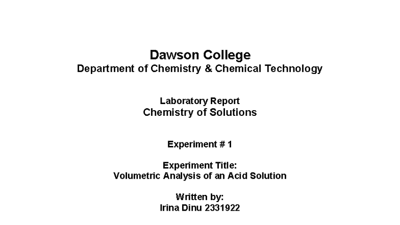 Dawson College Chemistry Lab Report: Volumetric Analysis of Acid ...