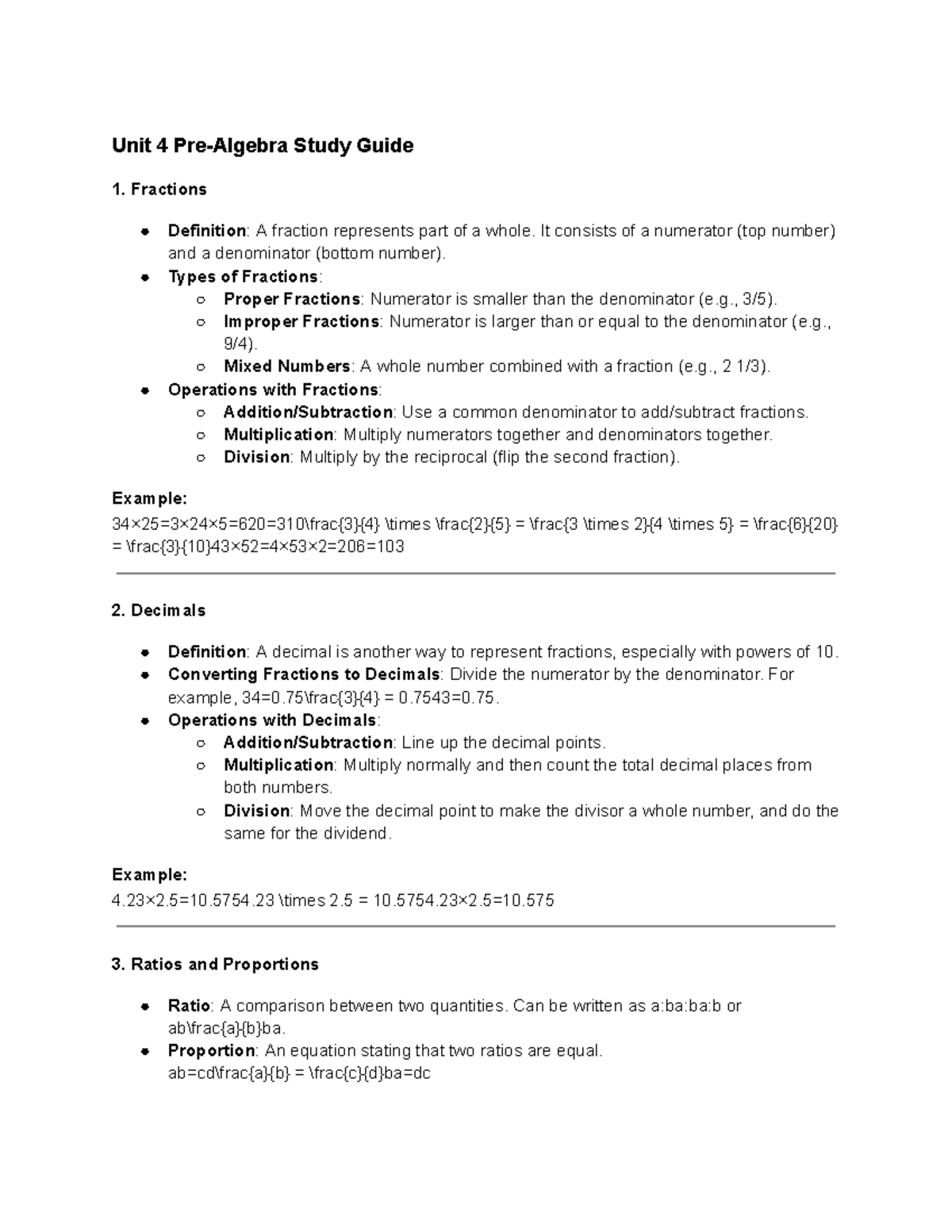 Unit 4 Pre-Algebra Study Guide: Understanding Fractions, Decimals ...