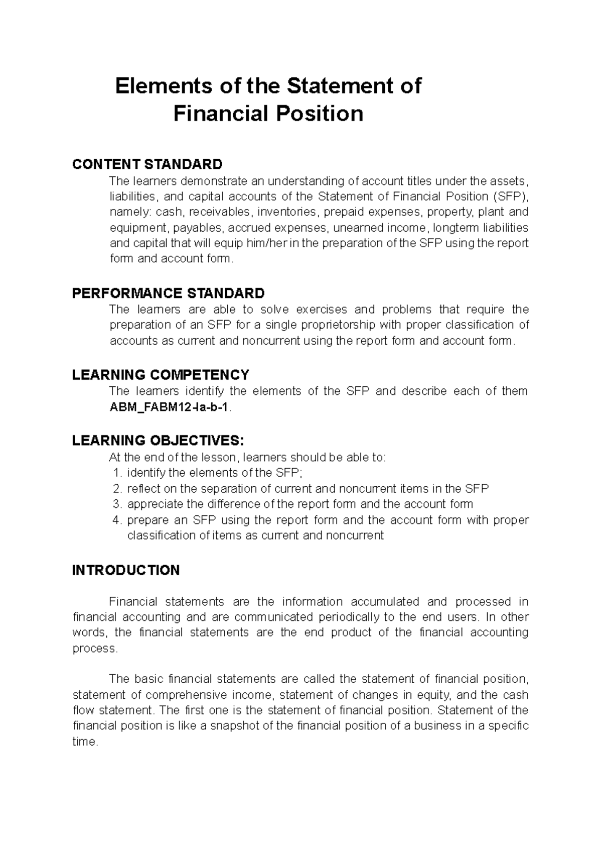 FabM2: Module 1 - Understanding the Statement of Financial Position ...