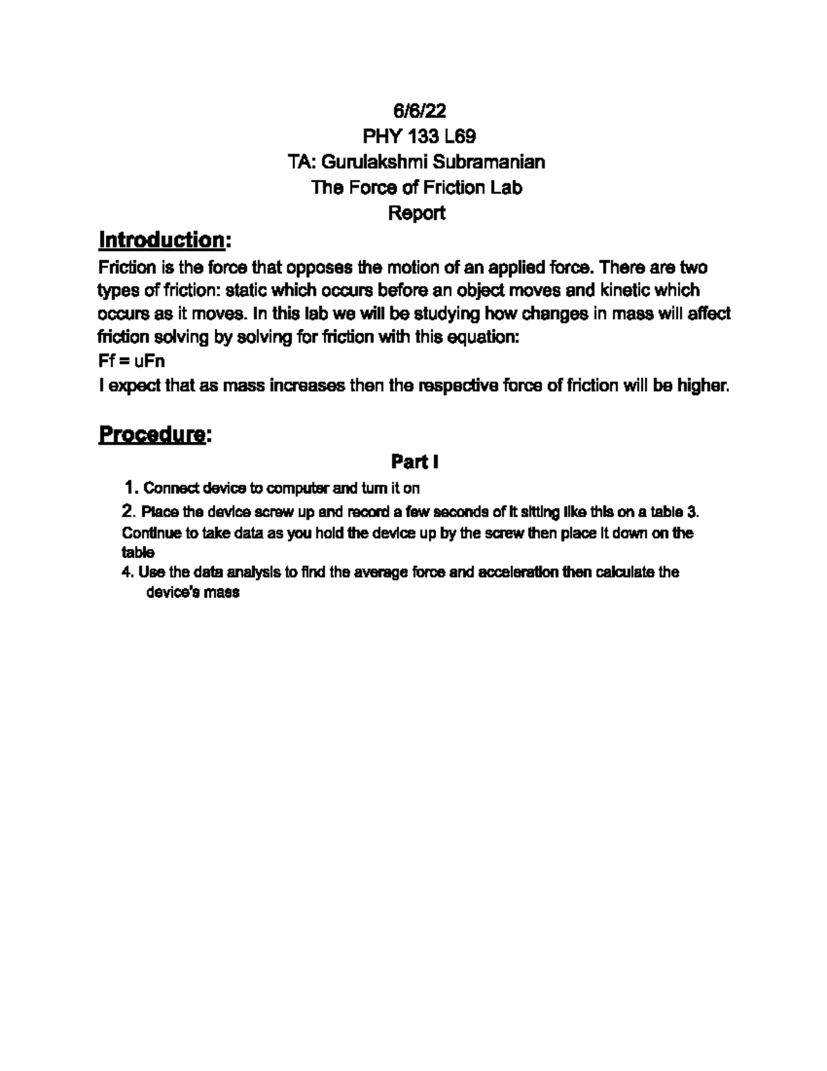 Physics Lab Report on the Force of Friction Analysis - Studocu