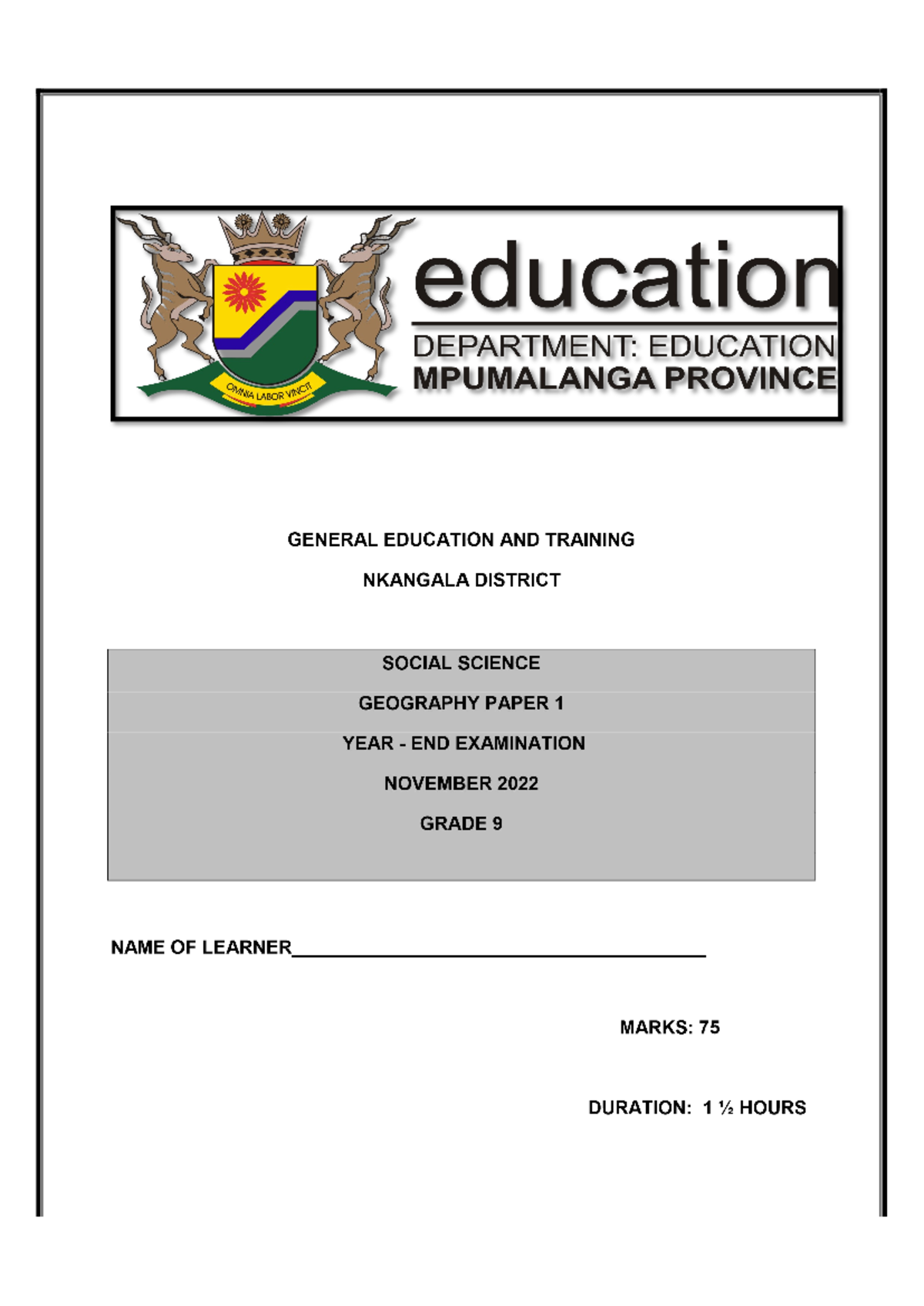 GEO GRD 9 Term 4 Social Sciences Exam Paper - November 2024 - Studocu