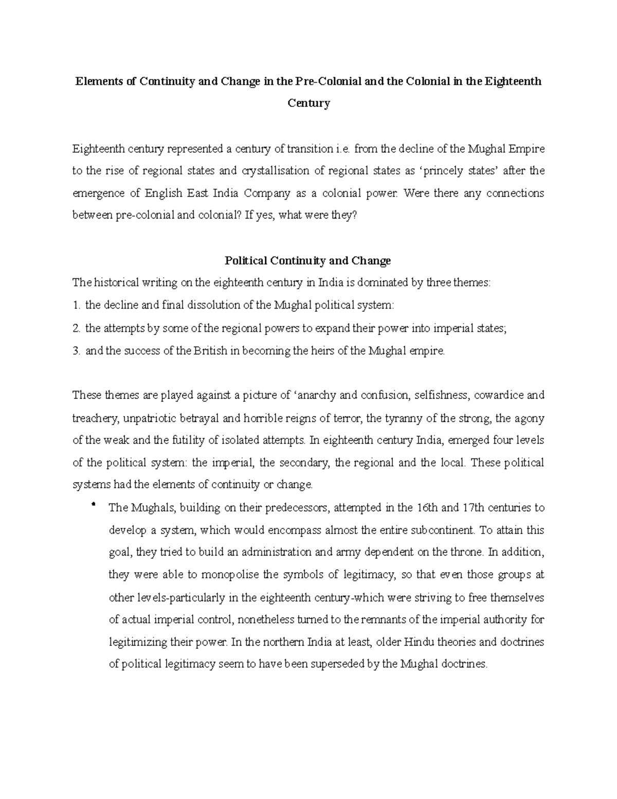 Elements of Continuity and Change in 18th Century Colonial India - Studocu